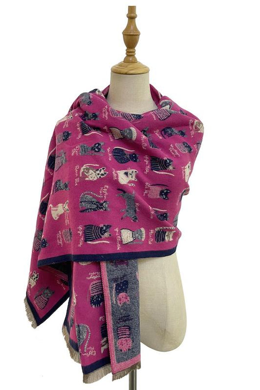 Thick Soft Cat Print Reversible Frayed Scarf Fuschia