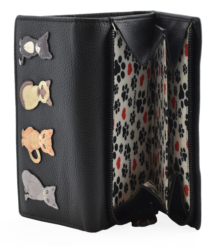Mala Leather Best Friends Sitting Cats Tri Fold Purse Black