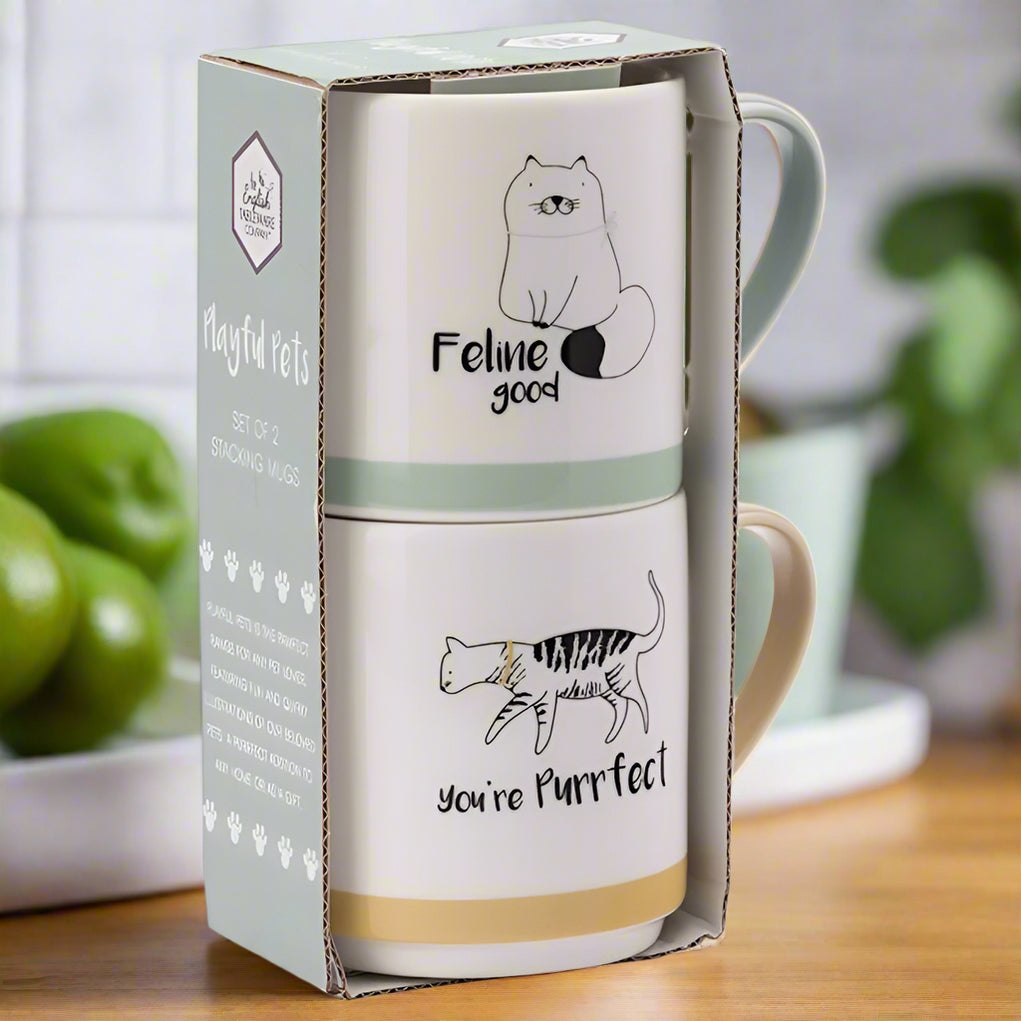 Set of 2 Playful Pets Cat Design Stacking Mugs