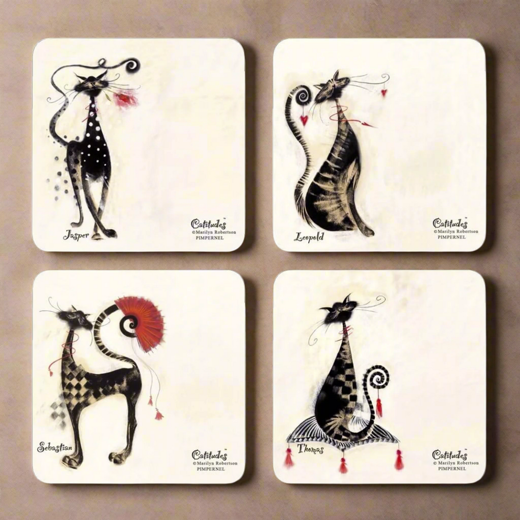 Pimpernel Cattitudes Coasters – Set of 4 by Marilyn Robertson, 10.5cm