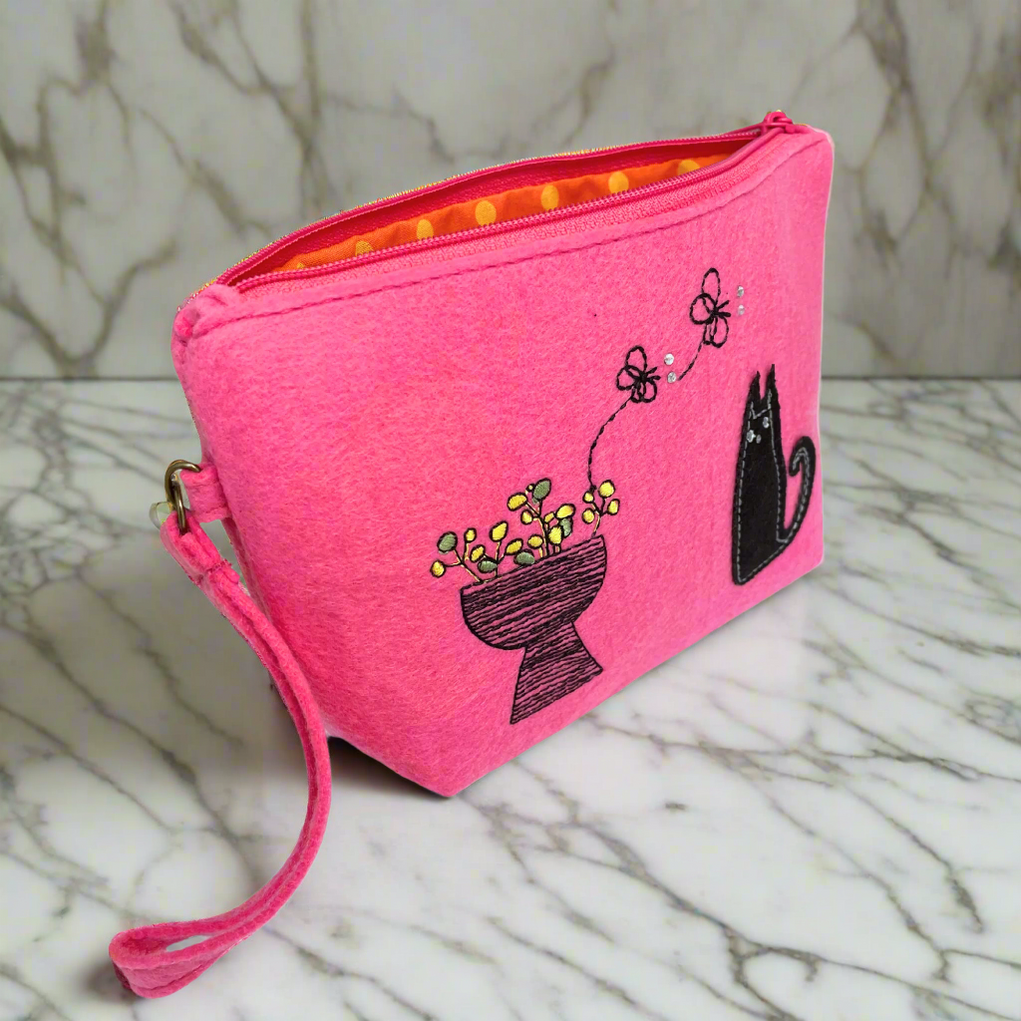 Pink Cat Cosmetic Travel Bag by Hem & Edge – Embroidered Zip Bag | 19 x ...
