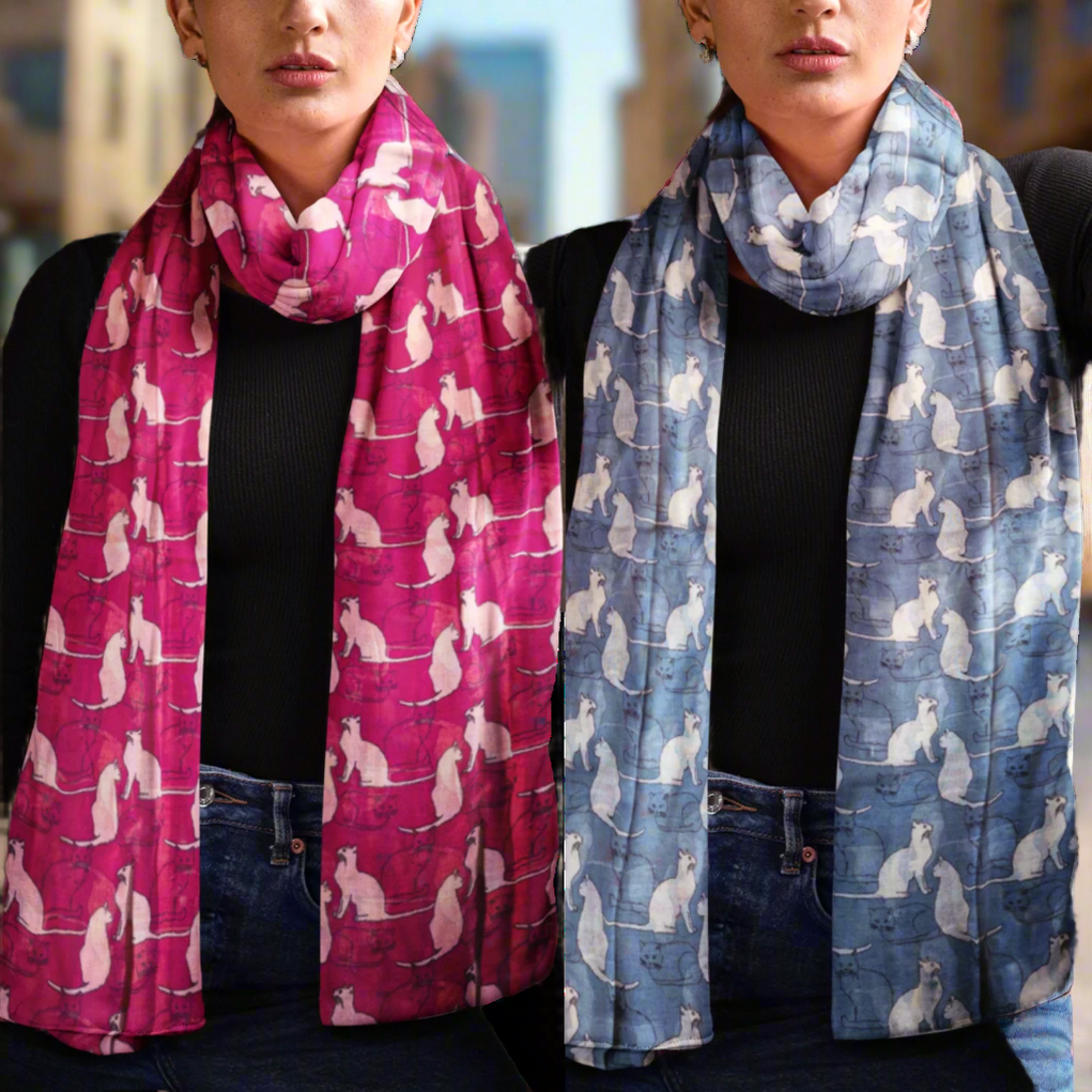 Sketch Cat Print Scarf – 100% Polyester, 180x50 cm – Red or Blue