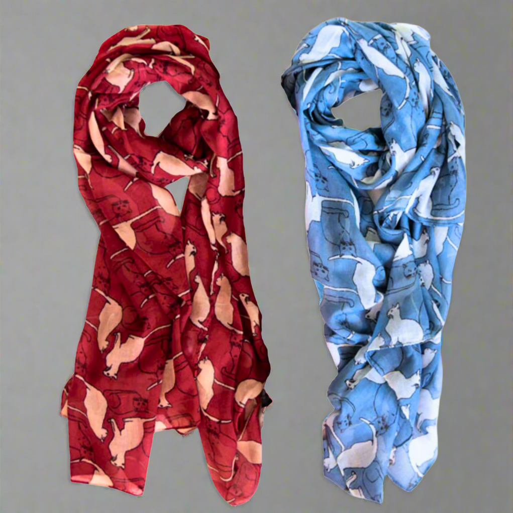 Sketch Cat Print Scarf – 100% Polyester, 180x50 cm – Red or Blue