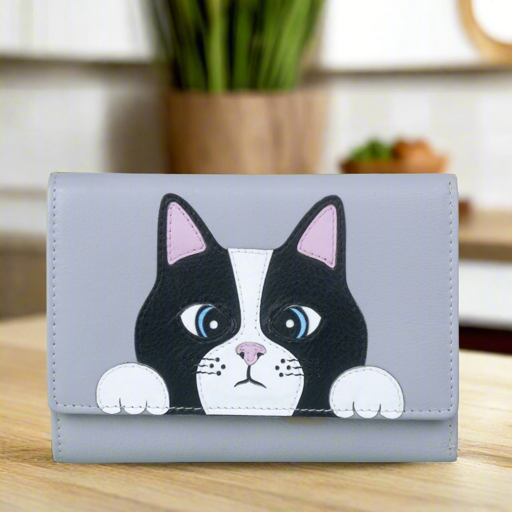 Mala Leather Vinny the Cat Large Tri Fold Purse Grey