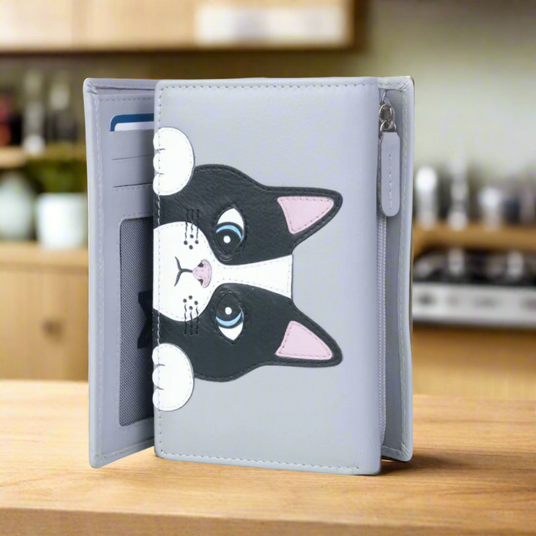 Mala Leather Vinny the Cat Large Tri Fold Purse Grey