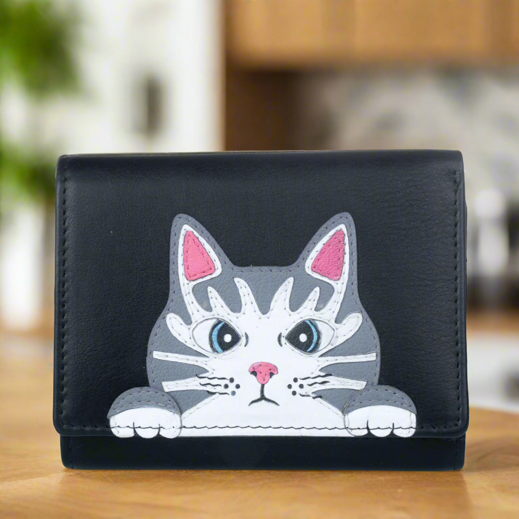 Mala Leather Victor the Cat Compact Tri Fold Purse Black
