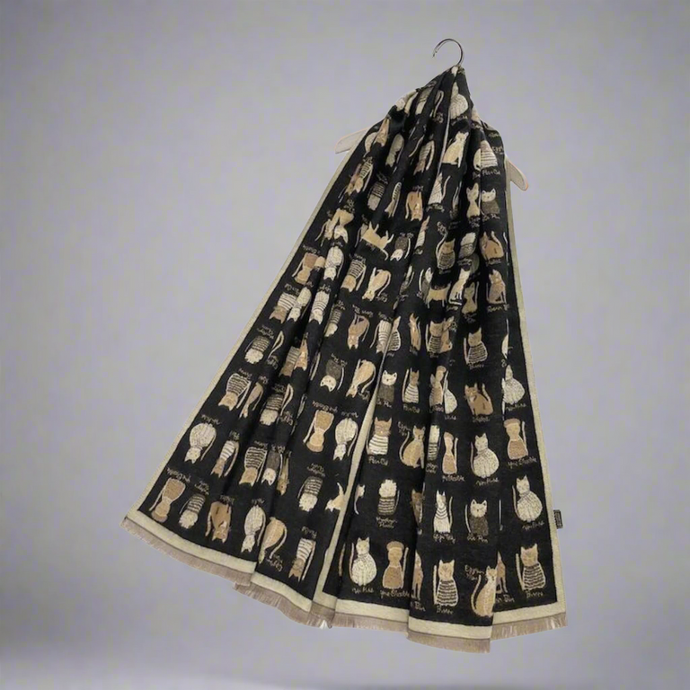 Thick Soft Cat Print Reversible Frayed Scarf Black