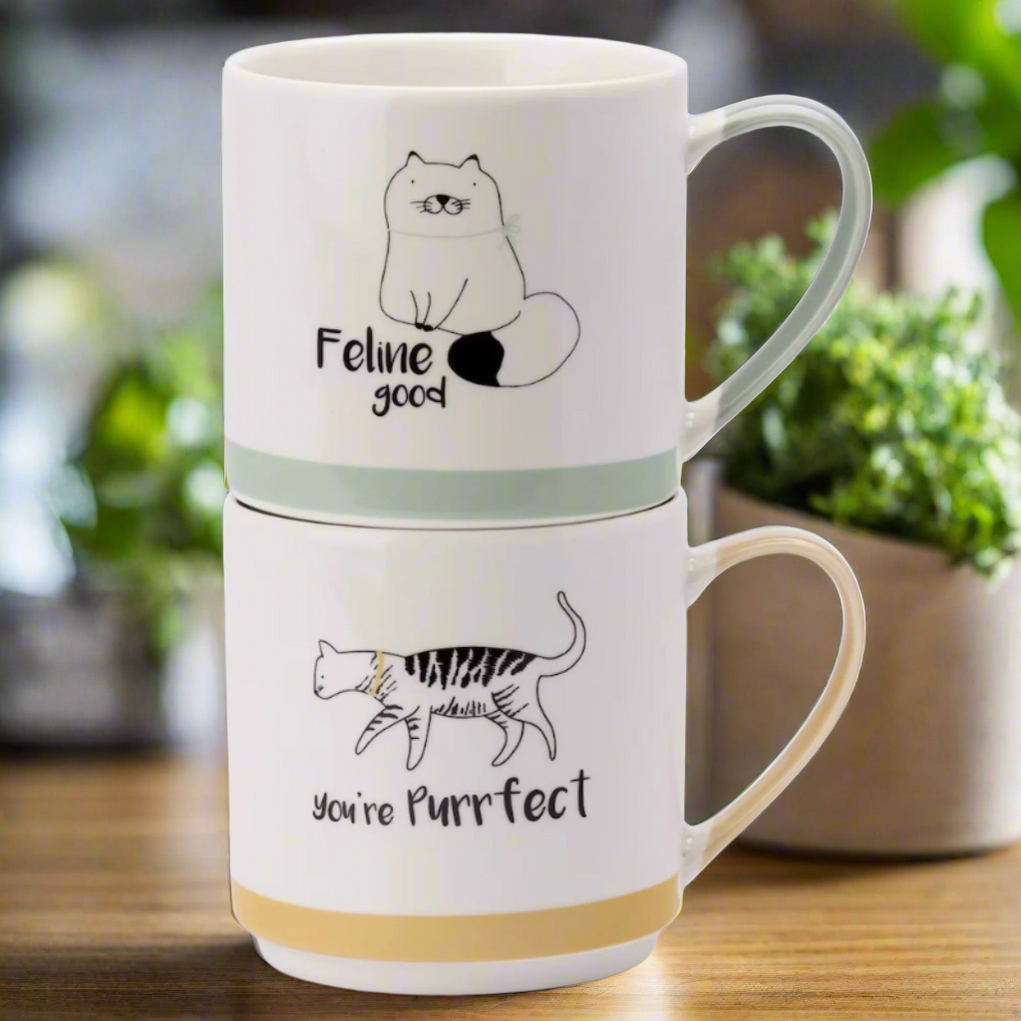 Set of 2 Playful Pets Cat Design Stacking Mugs