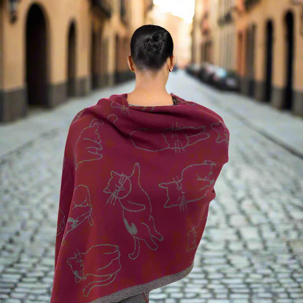 Thick Soft Cat Print Reversible Tasselled Wine Red