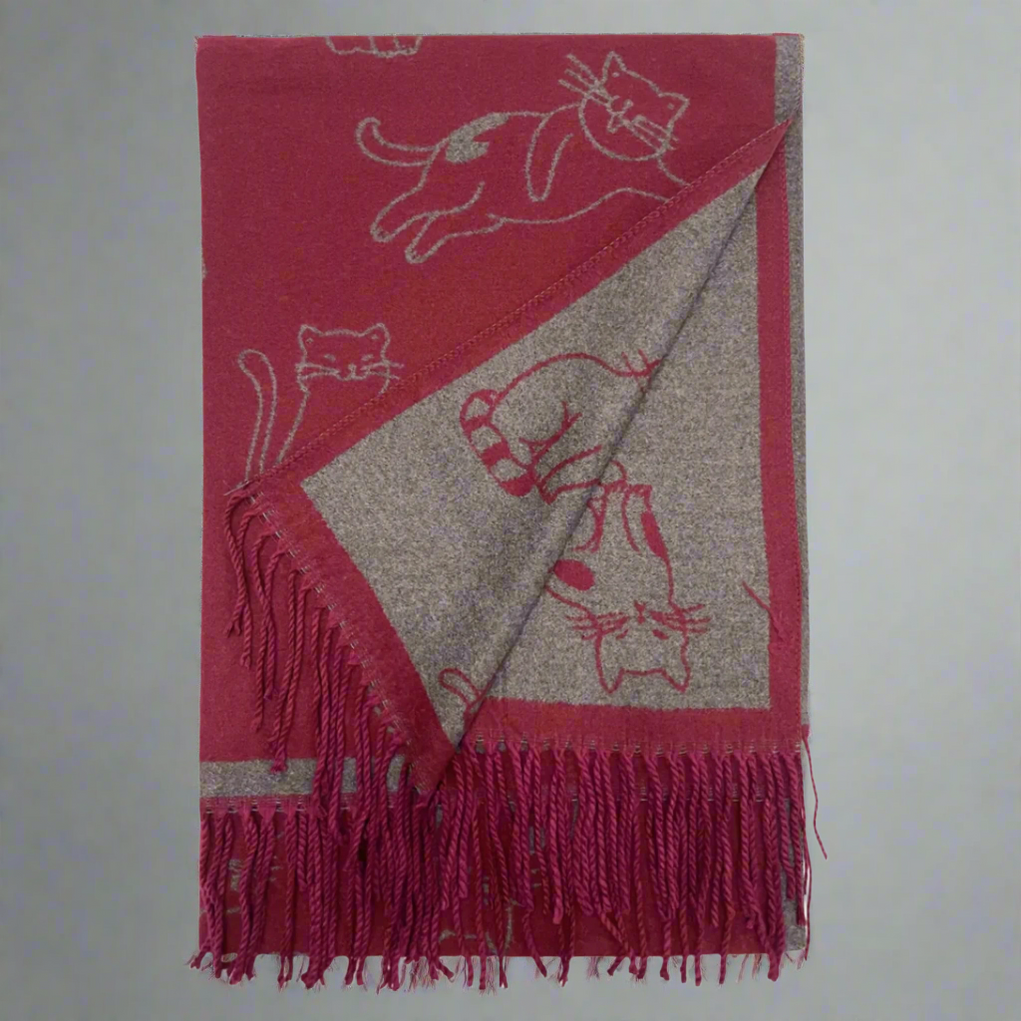 Thick Soft Cat Print Reversible Tasselled Wine Red