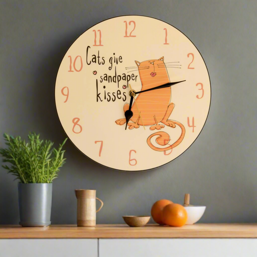 Large 28.3cm Cat Wall Clock – "Cats Give Sandpaper Kisses" – Wooden ...