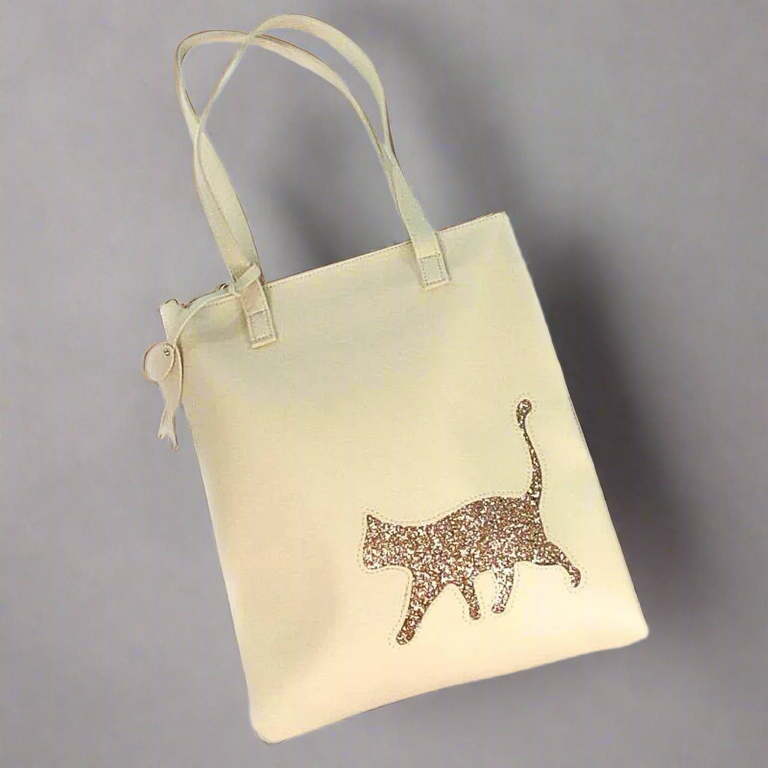 Elegant Cream Faux Leather Tote Bag with Glittery Cat Design