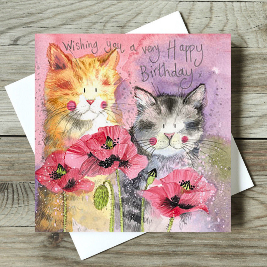 Cats and Poppies Cat Birthday Card