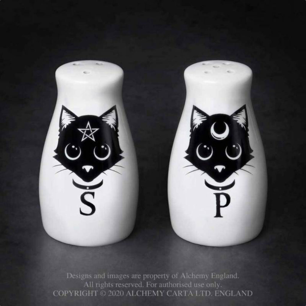 Alchemy Fine Bone China Black and White Cat Gothic Salt and Pepper Set