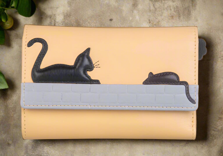 Mala Leather Cat & Mouse Large Tri Fold Purse Yellow