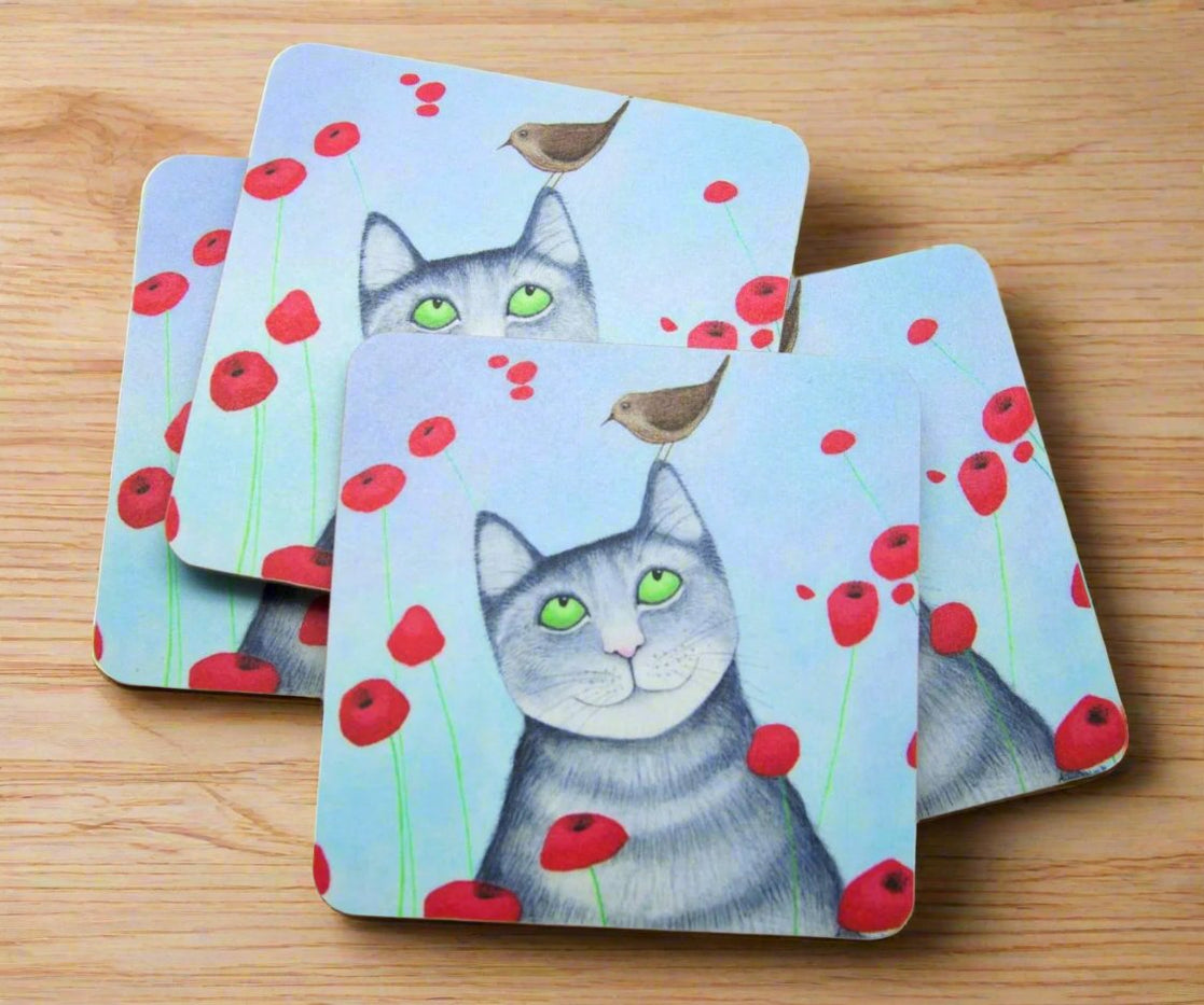 Ailsa Black Cat With Poppies Set of 4 Cat Coasters