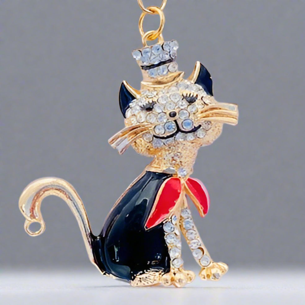 Dapper Cat Crystal Keyring – Glittery Bag Charm in 4 Colours (6x5cm)
