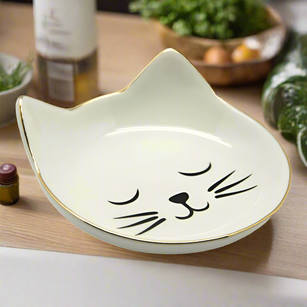 White & Gold Cat Face Trinket Dish