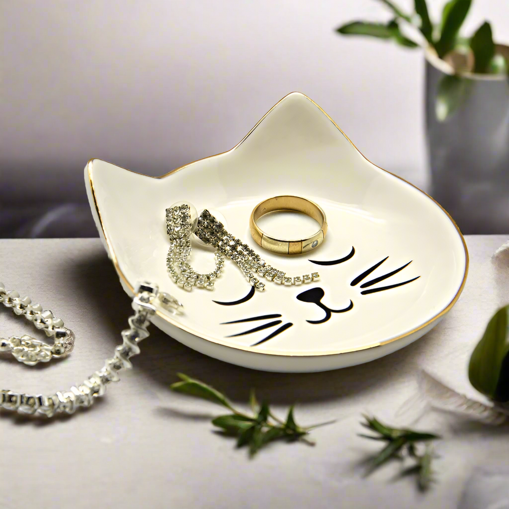 White & Gold Cat Face Trinket Dish