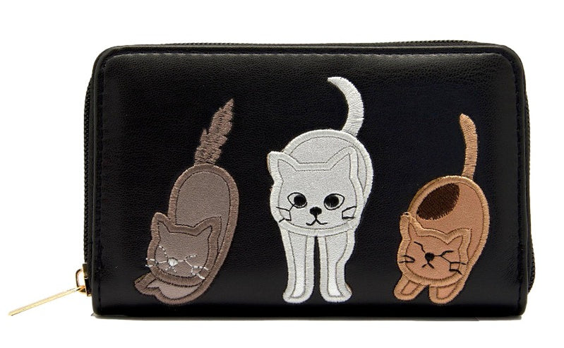 FAUX Leather Embroidered Applique Cats Ladies Purse Black
